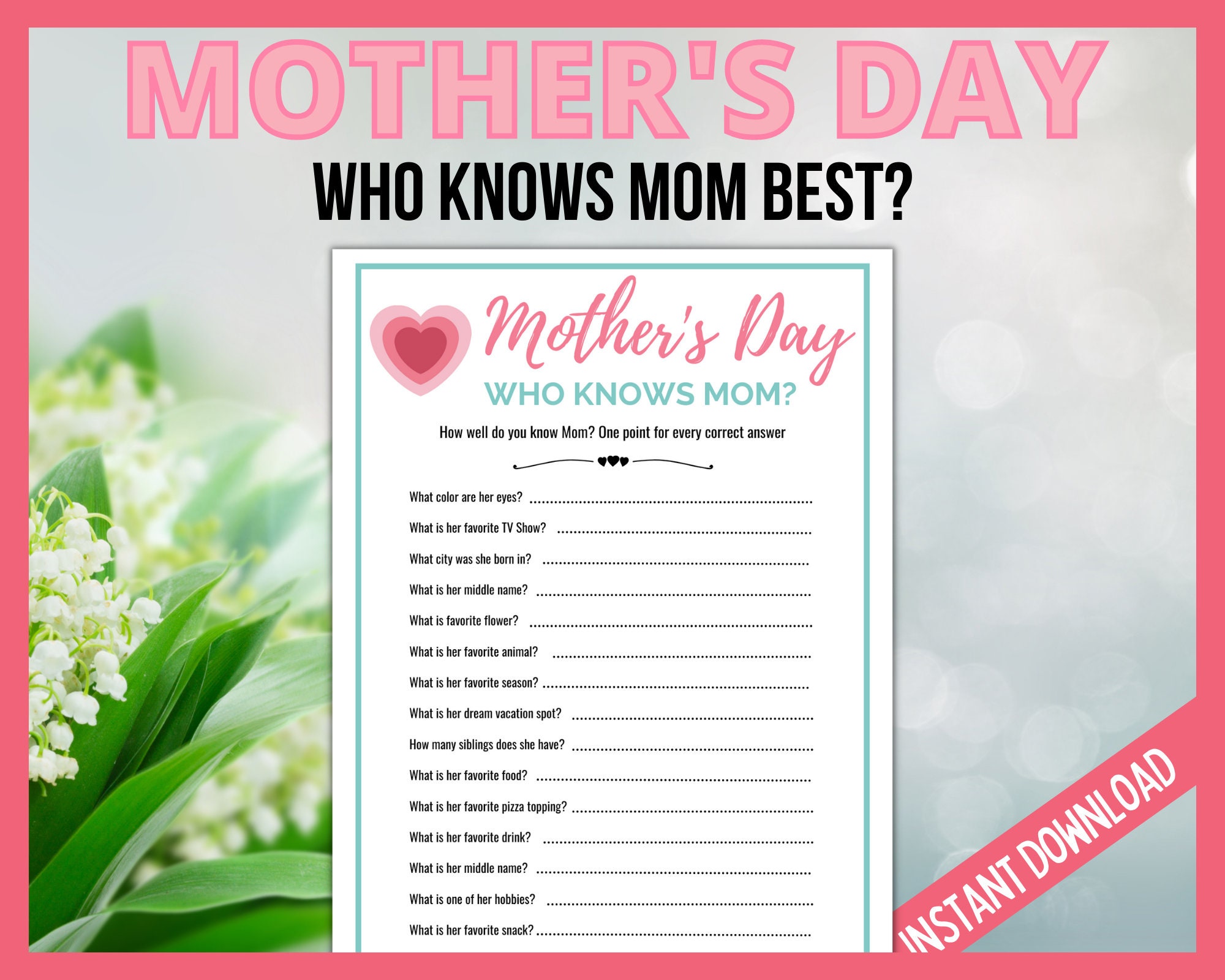 Who Knows Mom Best Printable Mothers Day Games for Kids and - Etsy