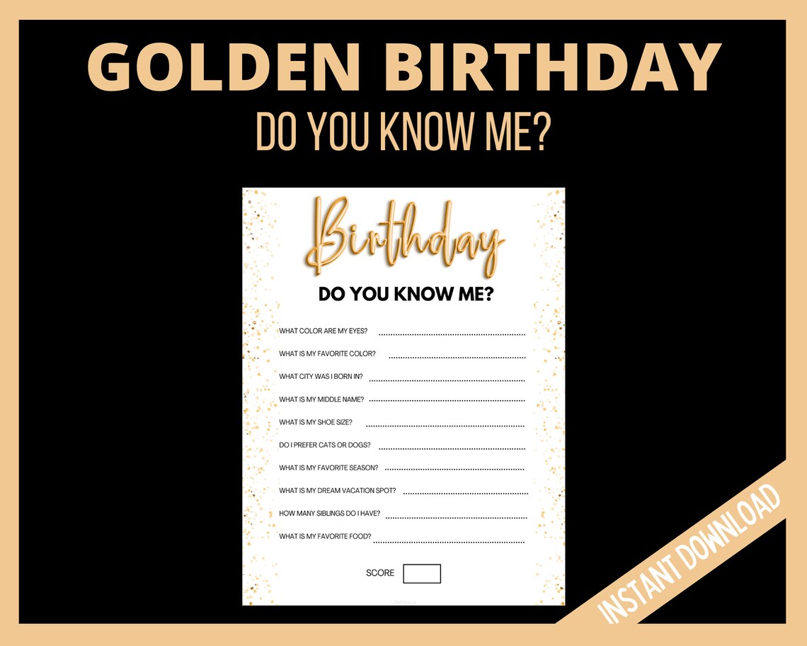 Golden Birthday Party Game, Do You Know Me Game, Printable Party Game ...