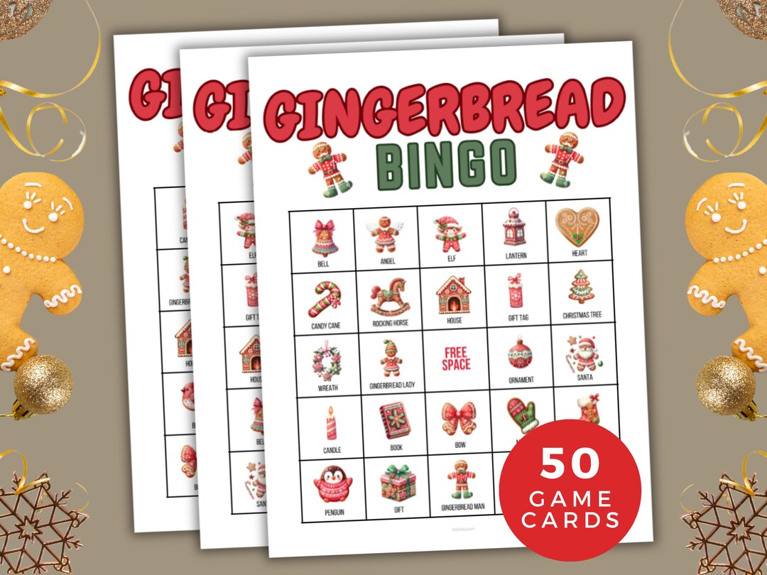 Gingerbread Bingo, Christmas Game, 50 Printable Gingerbread Bingo Cards ...