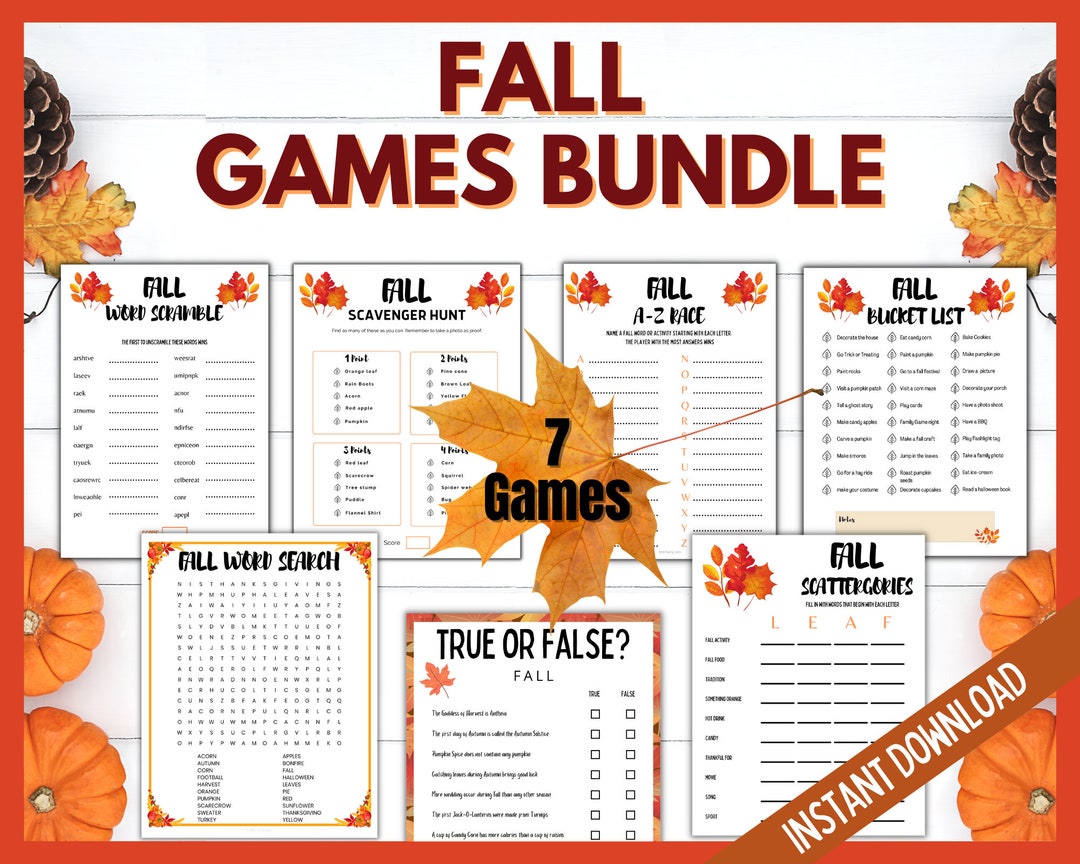 Fall 7 Game BUNDLE, Printable Autumn Game Bundle, Fall Activities for ...