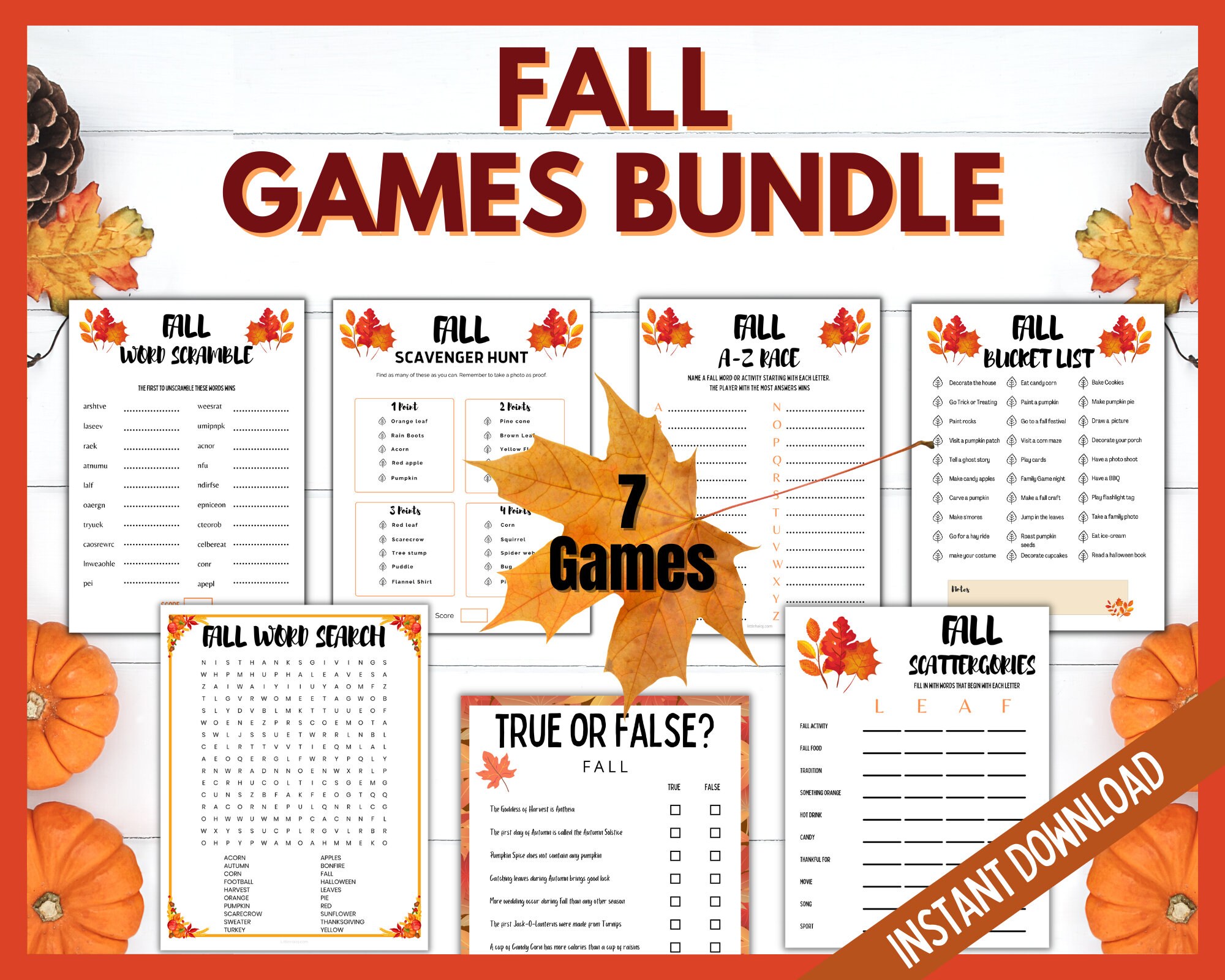 Fall 7 Game BUNDLE Printable Autumn Game Bundle Fall - Etsy