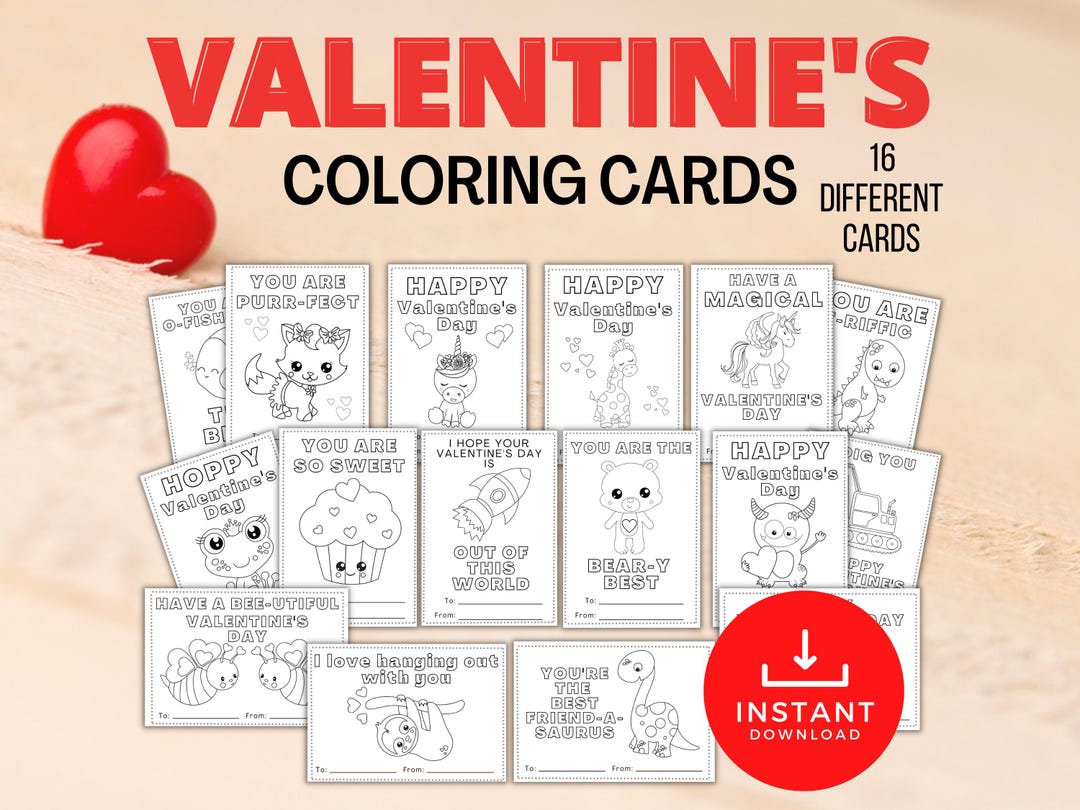Valentine Coloring Cards, Printable Valentine's Day Cards, Kids ...