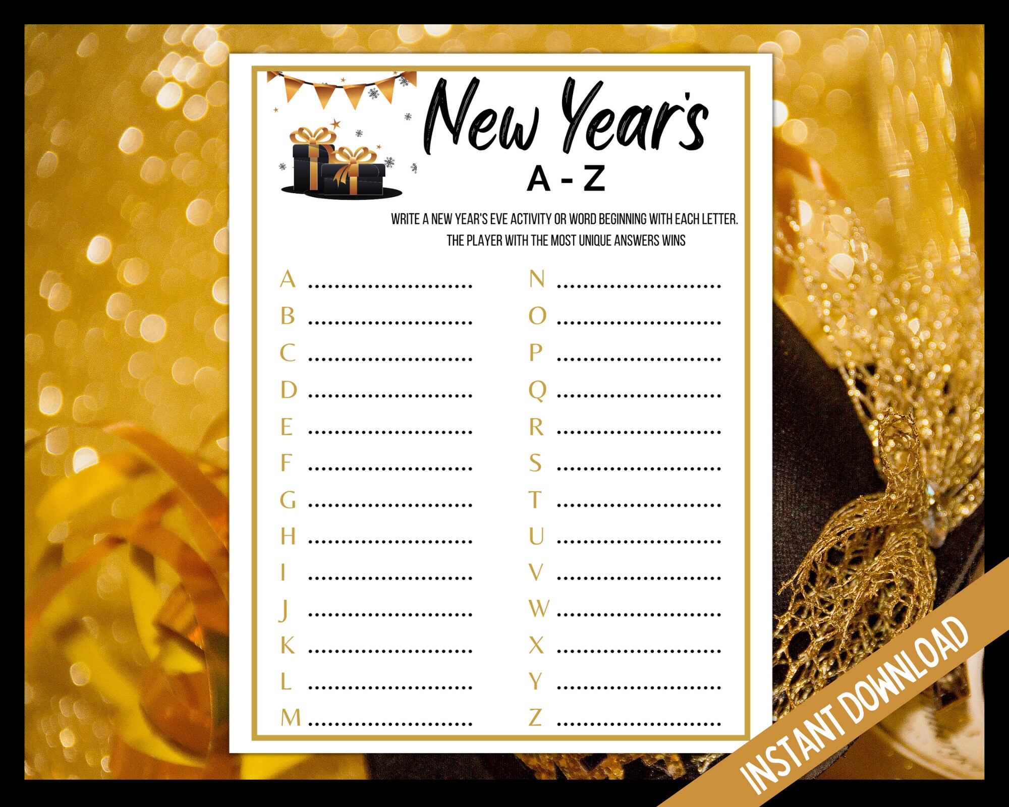 New Year's Eve A-Z Party Game, New Year's Eve Printable Game, Party ...