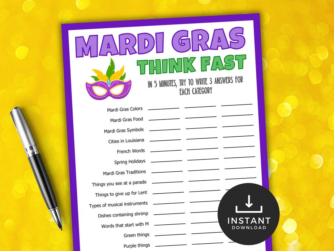Mardi Gras Think Fast Game, Printable Mardi Gras Game, Mardi Gras ...