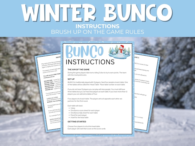 Winter Bunco Printable Party Pack and Scorecards, Bunco Game Rules ...
