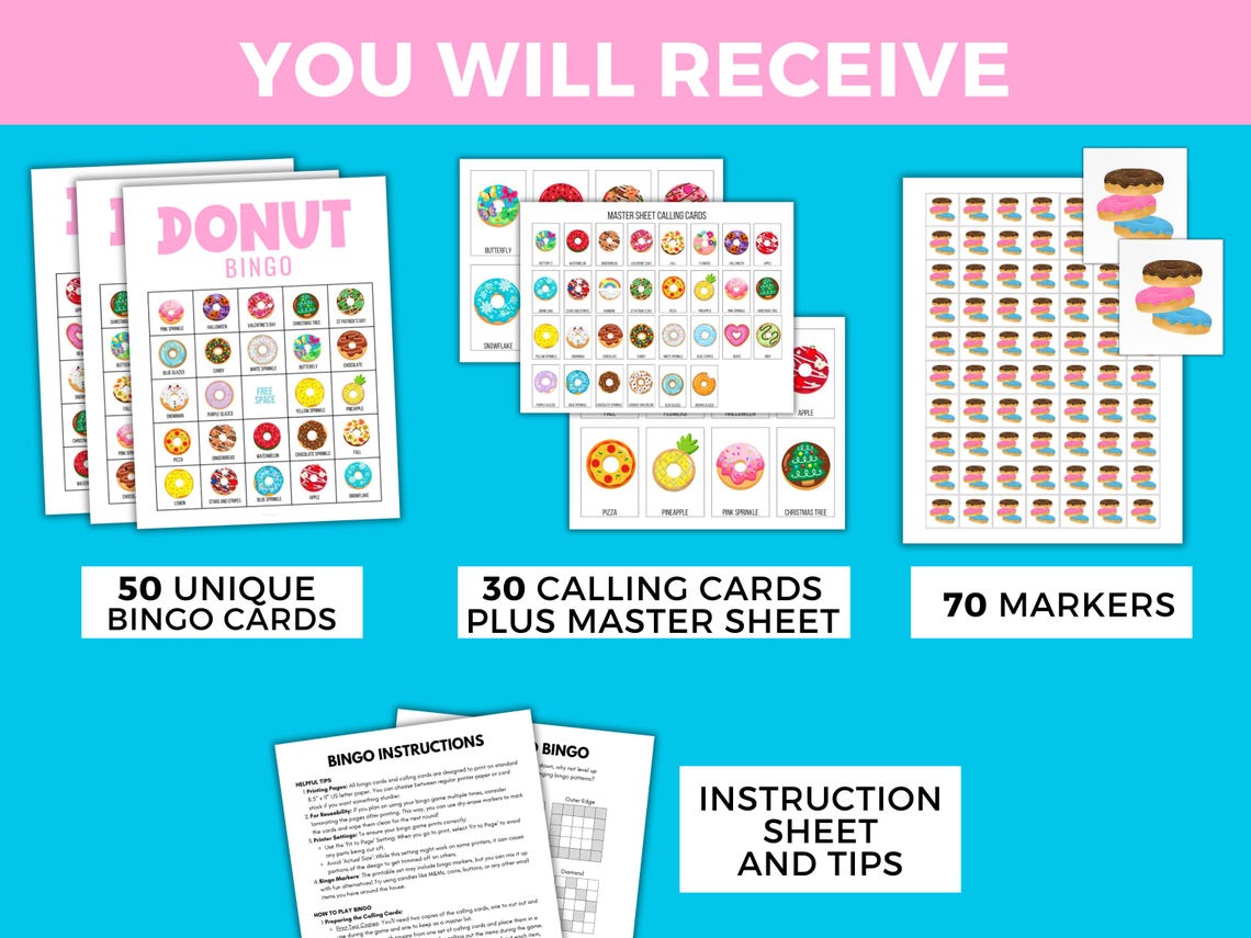 Donut Bingo, Donut Party Game, 50 Printable Donut Bingo Cards, Slumber ...