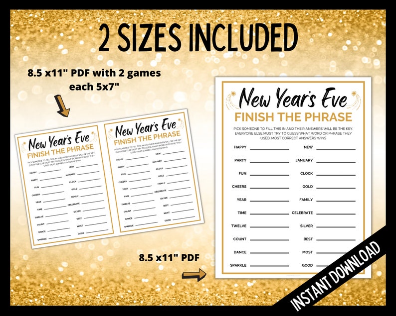 New Year's Eve Finish the Phrase, New Year's Eve Printable Party Game ...