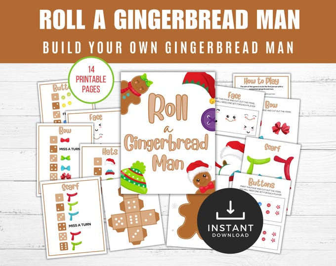 Roll a Gingerbread Man Game, INSTANT DOWNLOAD Printable Christmas Party ...