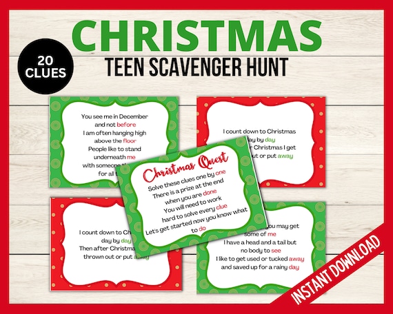 Teen Christmas Scavenger Hunt Riddles, Christmas Treasure Hunt Clues ...