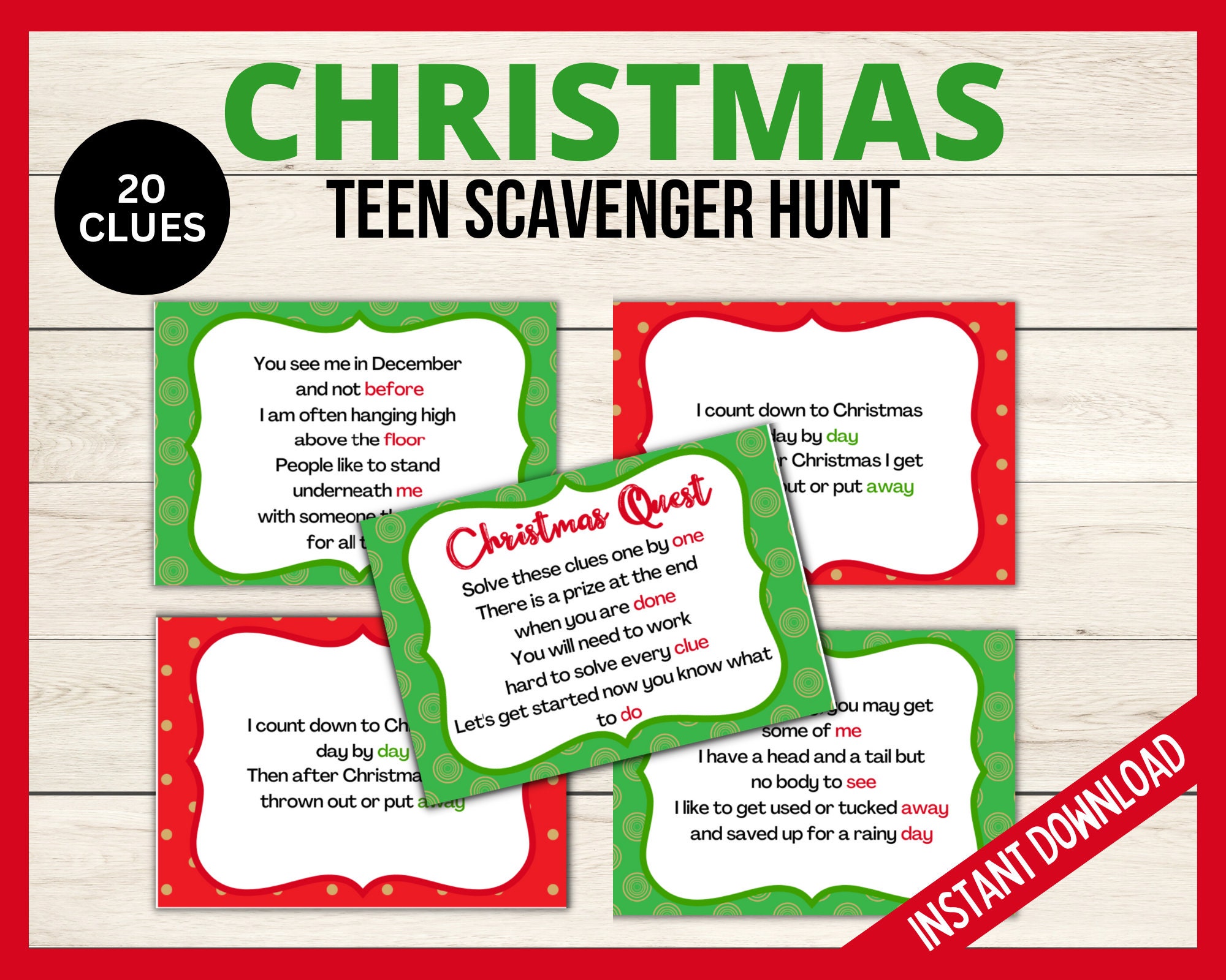 Teen Christmas Scavenger Hunt Riddles, Christmas Treasure Hunt Clues ...