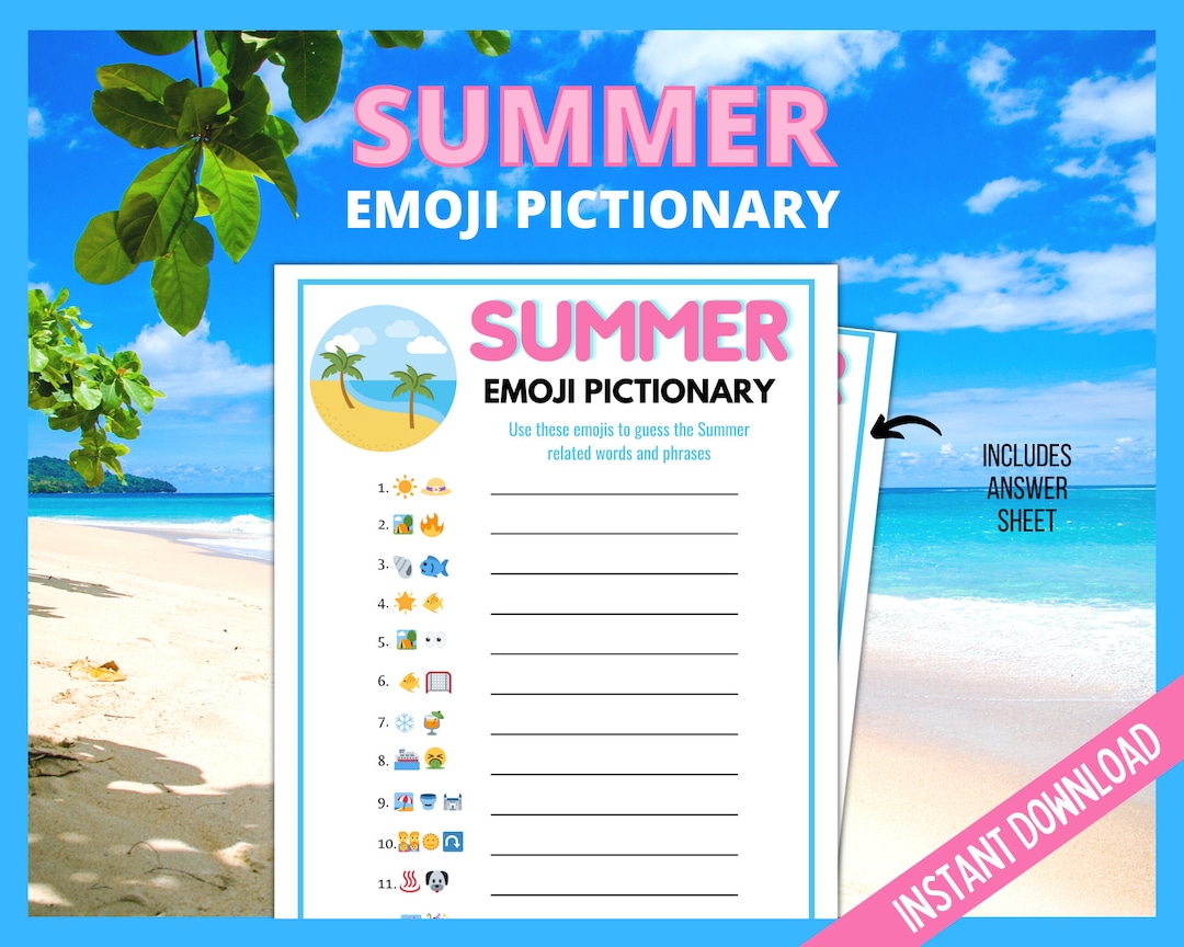 Summer Emoji Pictionary, Summer Emoji Printable Quiz, Summer Pool Party ...