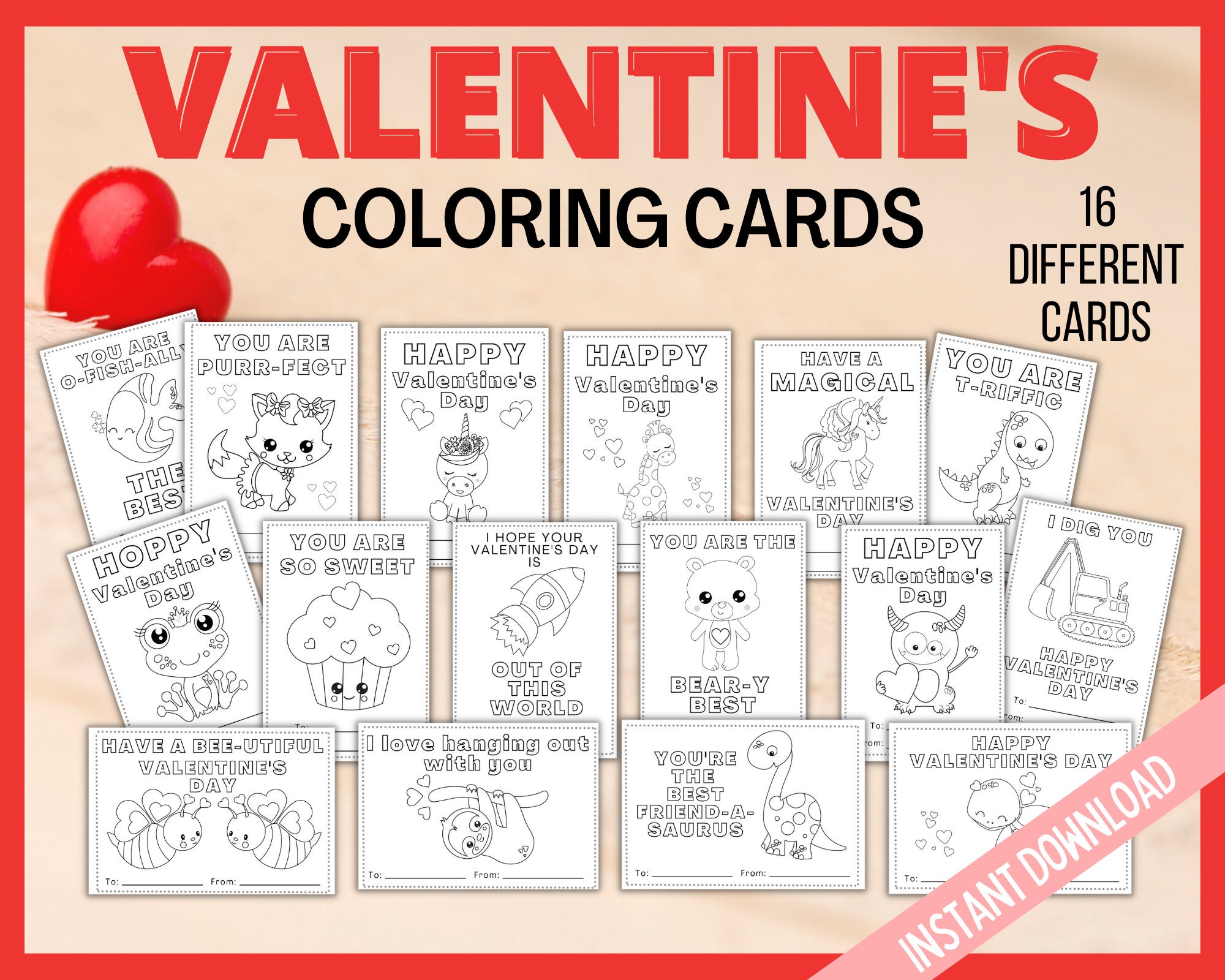 Valentine Coloring Cards Printable Valentine's Day Cards | Etsy