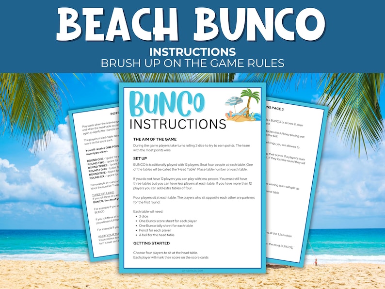 Beach Bunco Printable Party Pack and Scorecards, Bunco Game Rules ...