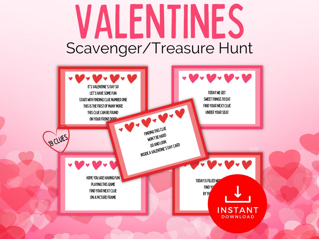 Valentines Scavenger Hunt, Valentine's Day Treasure Hunt Clues ...