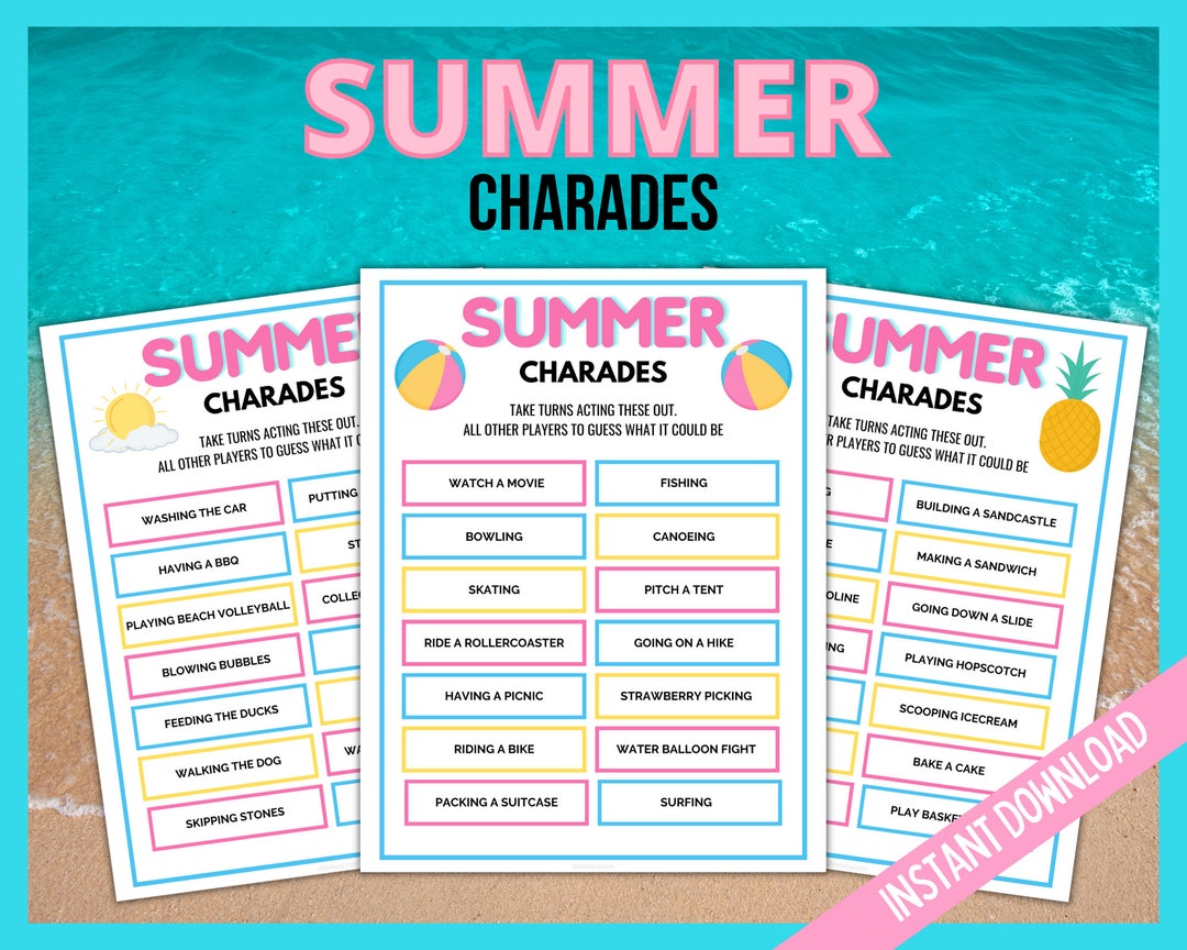 Summer Charades, Printable Summer Charades List, Summer Break Things to ...