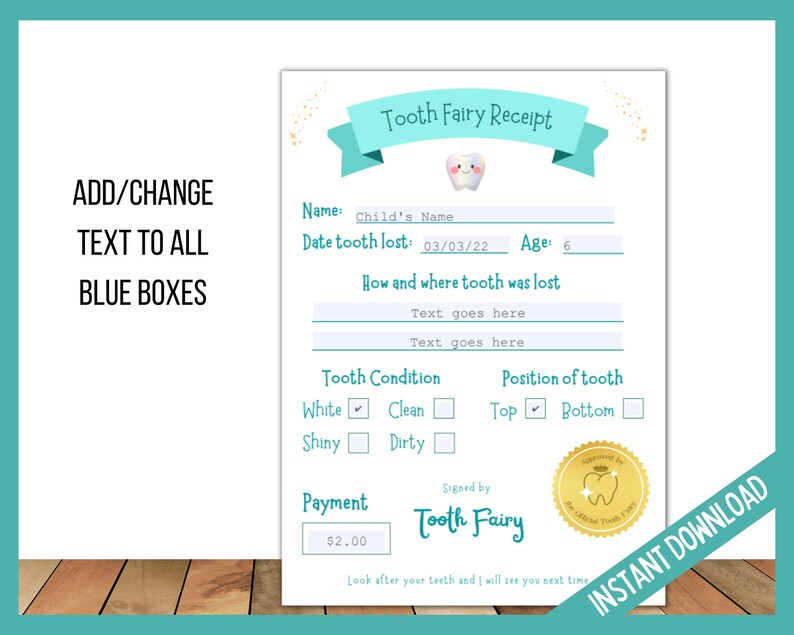 Editable Tooth Fairy Receipt Printable Lost First Tooth - Etsy