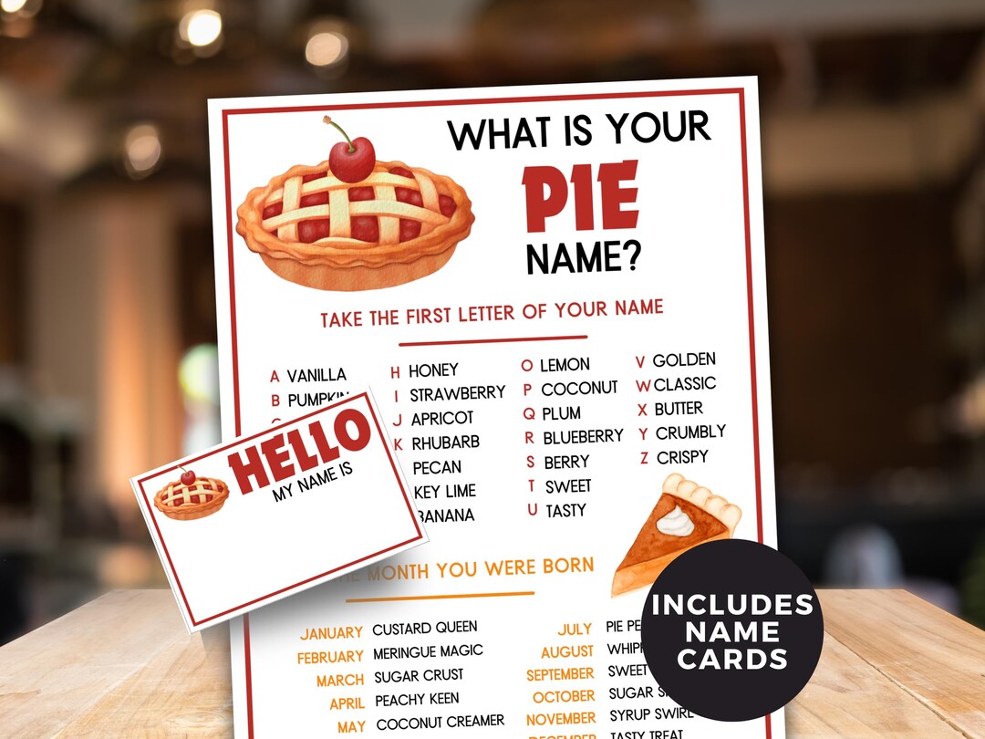 What's Your Pie Name Game, Printable Fall Party Game, Autumn Birthday ...