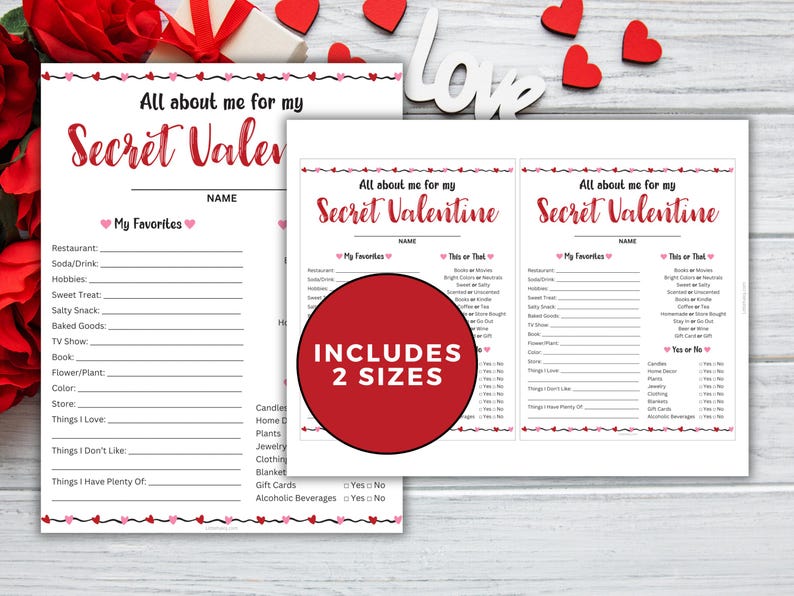 All About Me Secret Valentine, Favorite Things Form, Friends,coworker ...