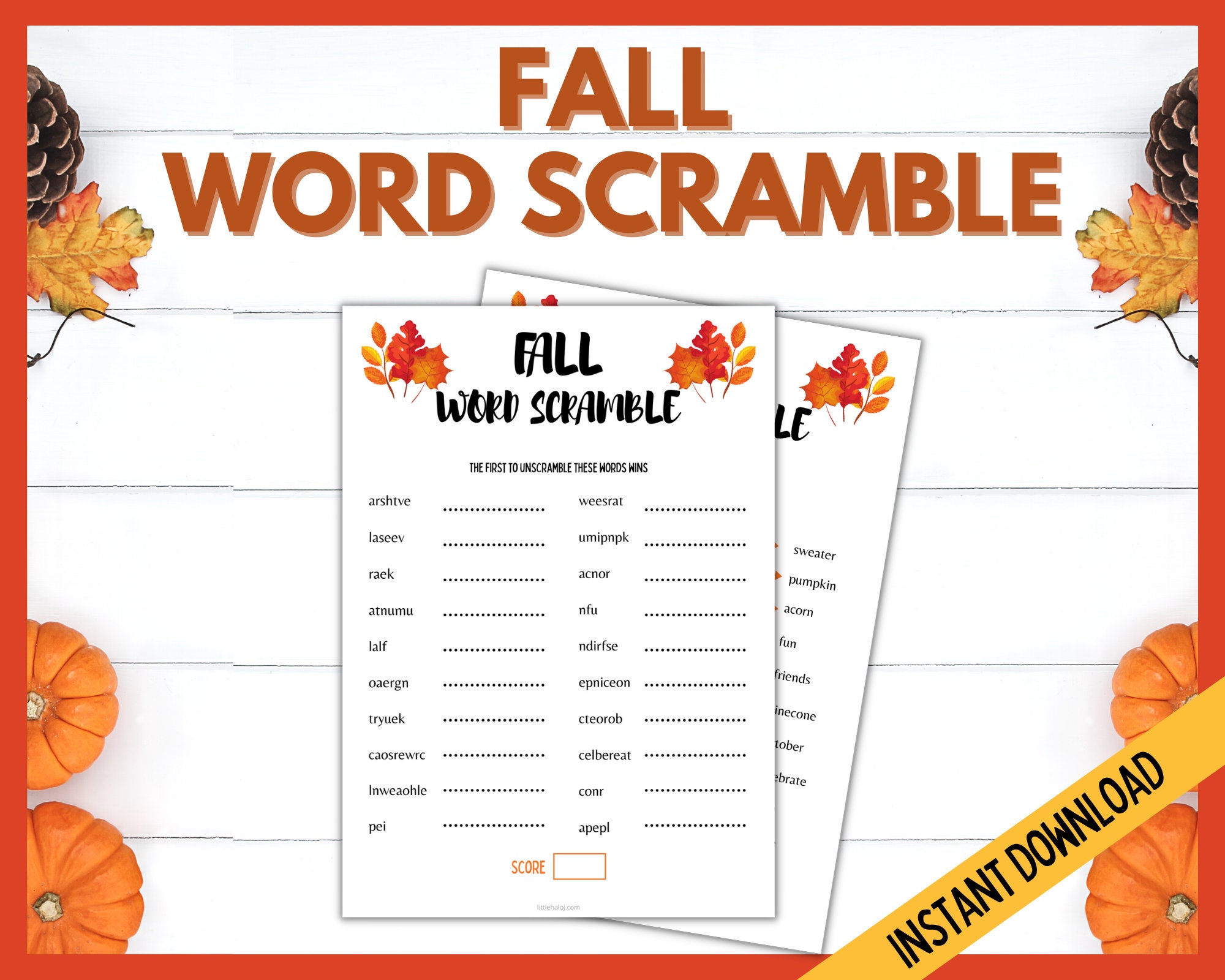 Fall Word Scramble Game Printable Autumn Games Fall Time - Etsy