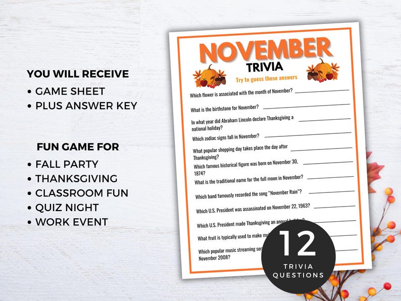 November Trivia Game, Fall Trivia Quiz, Autumn Games, Month Party Game ...