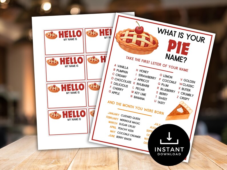 What's Your Pie Name Game, Printable Fall Party Game, Autumn Birthday ...