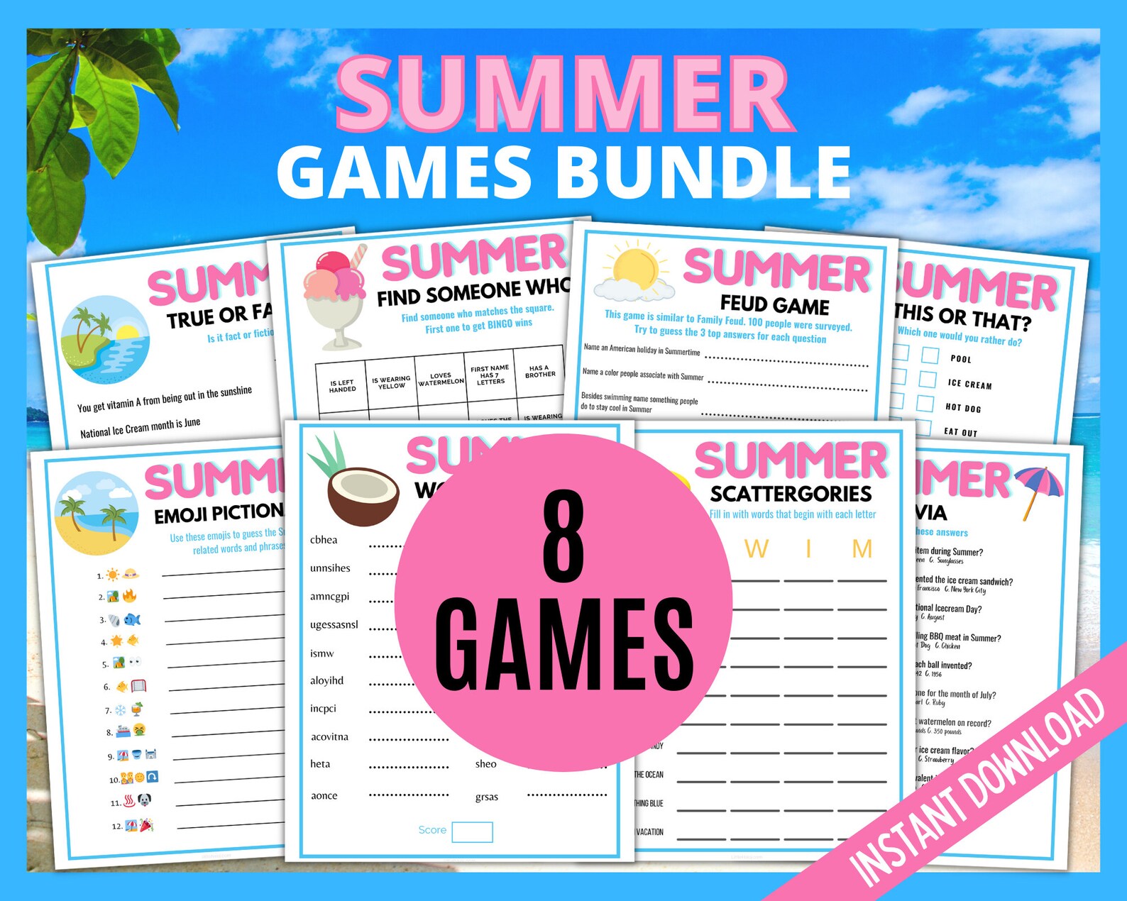 Summer Printable Games Bundle Summertime Activity Summer - Etsy