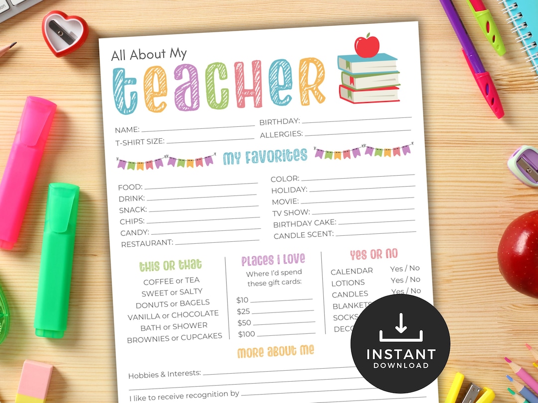 All About My Teacher, Favorite Things Printable, First Day of School ...