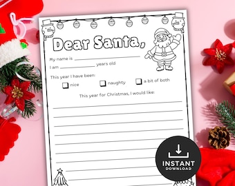 Kids Coloring Letter to Santa – Printable Christmas Activity, Christmas ...