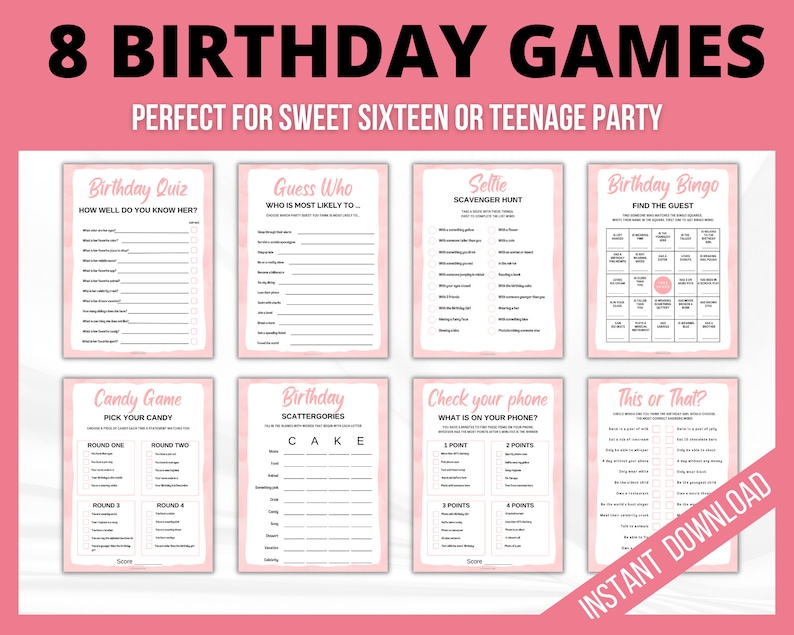 Birthday Party Games Bundle Sweet 16 Birthday Games for Her - Etsy