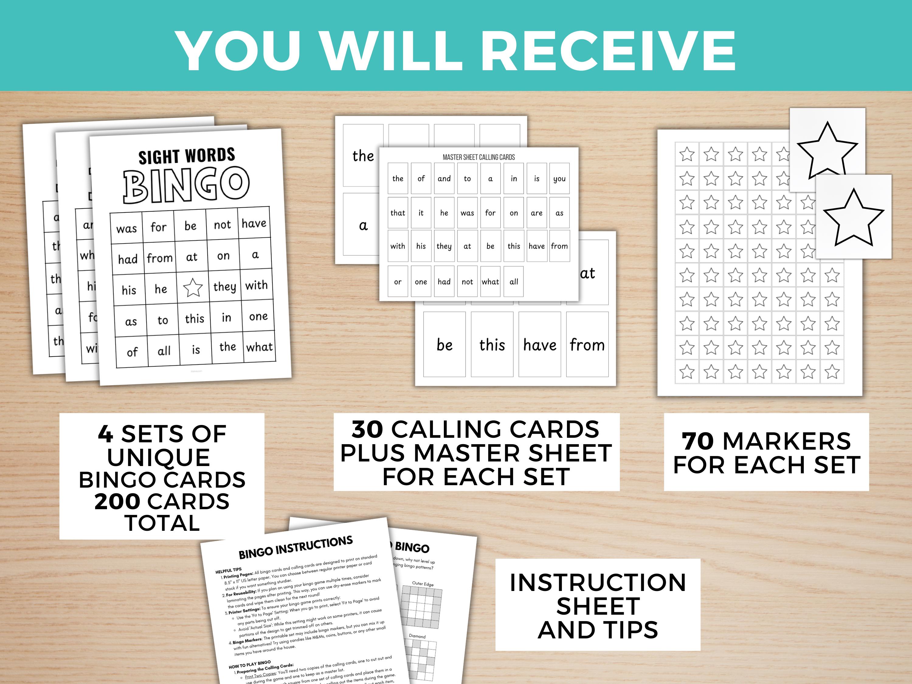 Sight Words Bingo, 200 Bingo Cards, Fry's First 100 Words, High ...
