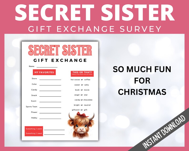 Secret Sister Gift Exchange, Secret Santa Questionnaire, Printable ...