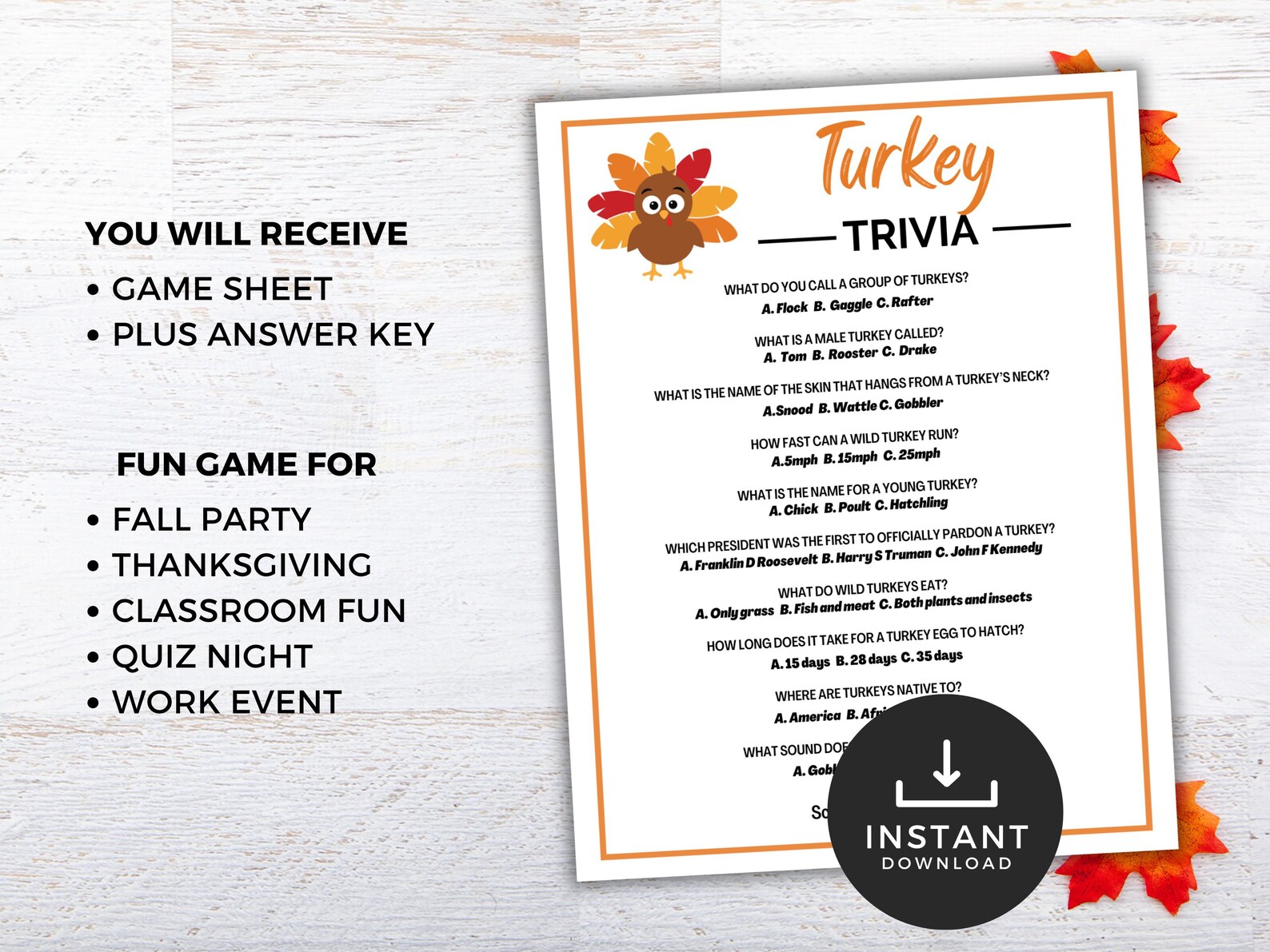 Turkey Trivia, Thanksgiving Printable Game, Fall Party Quiz, Classroom ...
