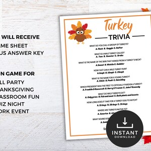 Turkey Trivia, Thanksgiving Printable Game, Fall Party Quiz, Classroom ...