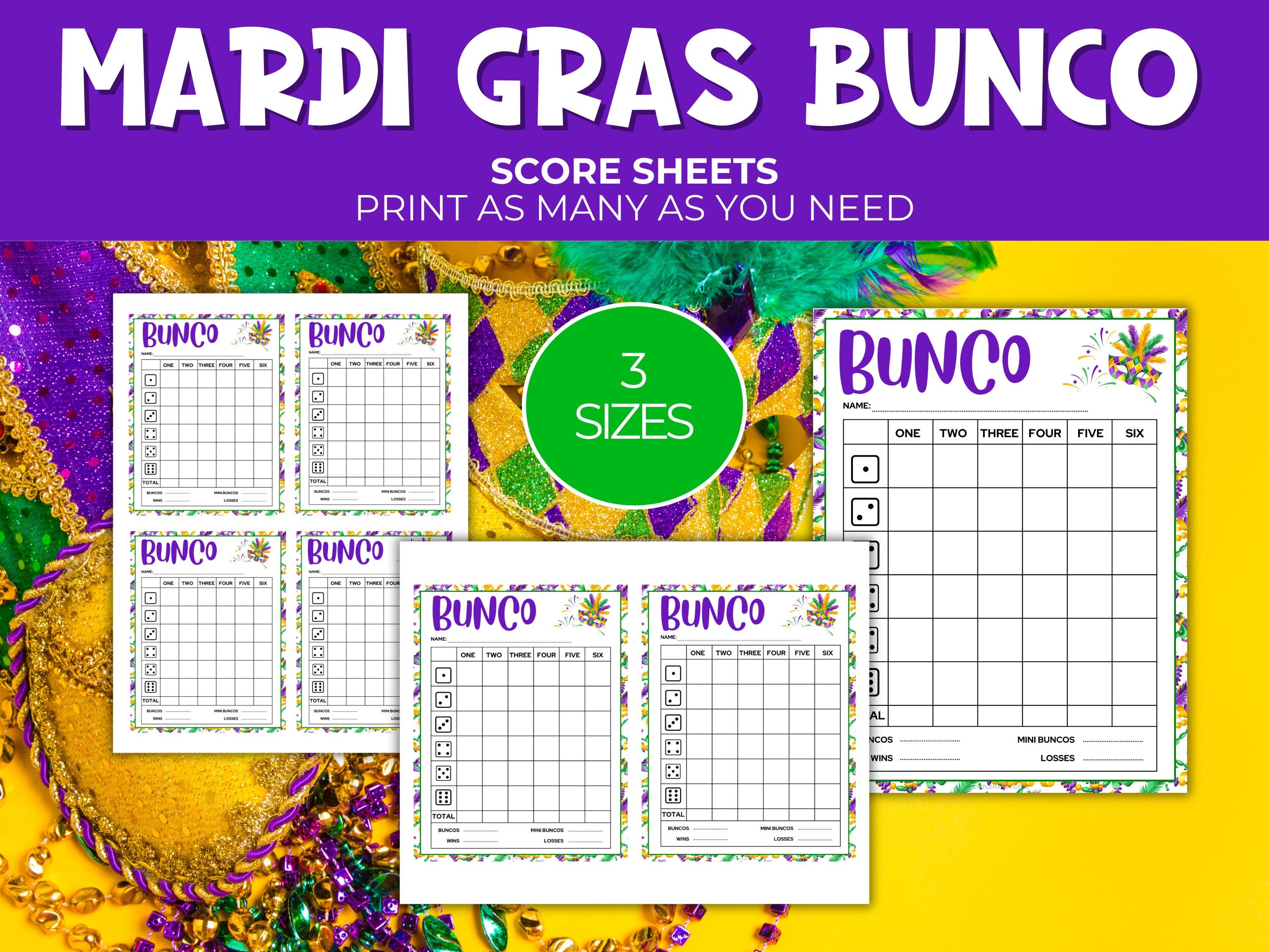 Mardi Gras Bunco Printable Party Pack and Scorecards, Bunco Game Rules ...