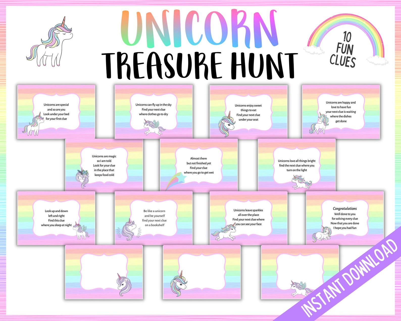 Unicorn Treasure Hunt for Kids, Unicorn Scavenger Hunt Clues, Unicorn ...