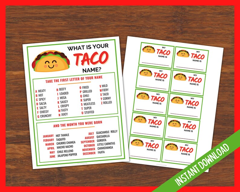 What's Your Taco Name Cinco De Mayo Printable Game - Etsy