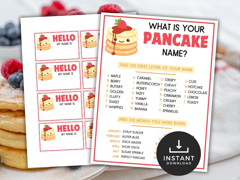 What's Your Pancake Name Game, Printable Pancake Party Game, Birthday ...