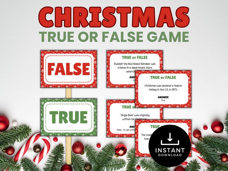 Christmas True or False Cards, Christmas Trivia Printable, Festive Fact ...