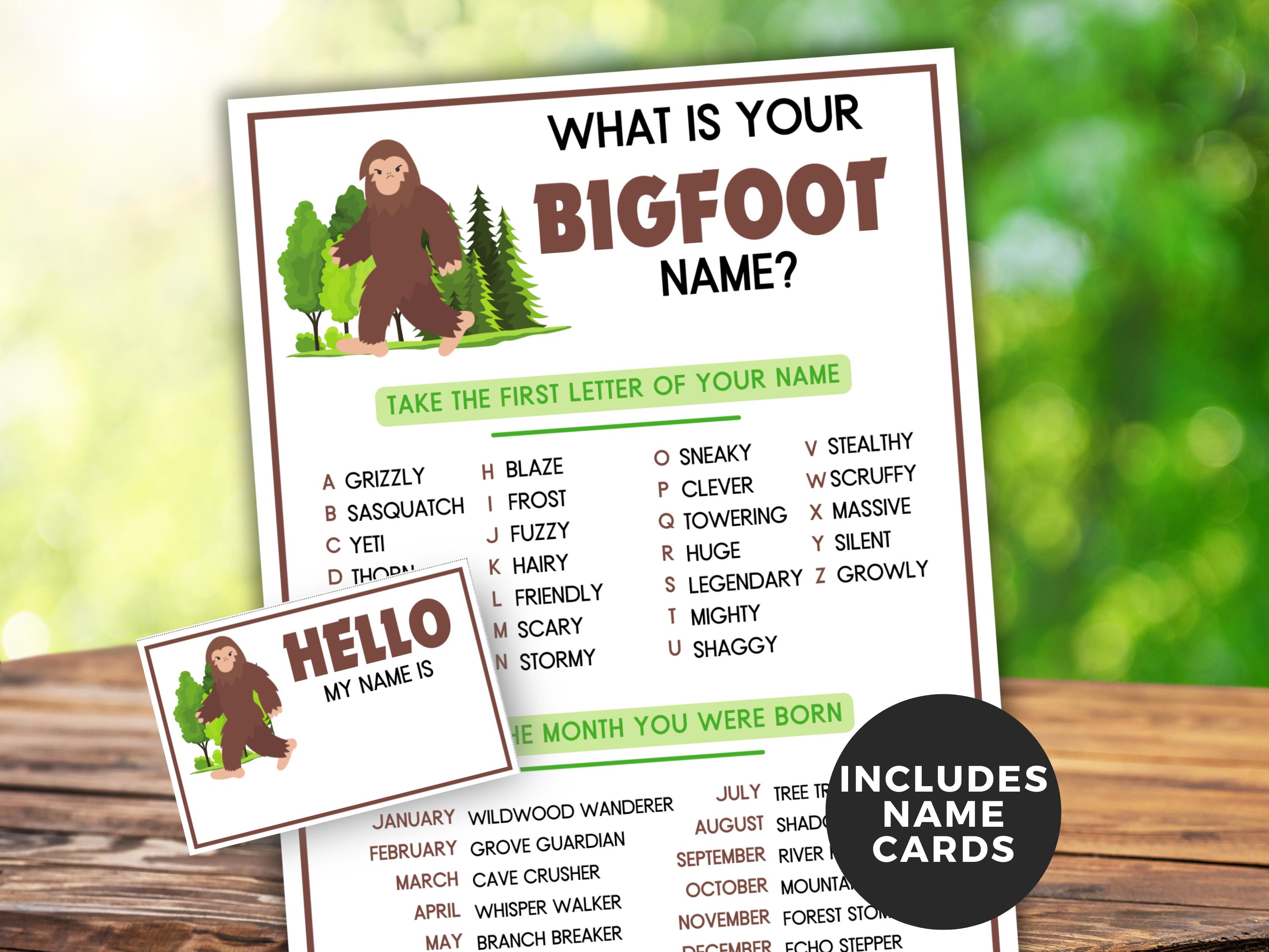 What's Your Bigfoot Name Game, Printable Bigfoot Party Game, Birthday ...
