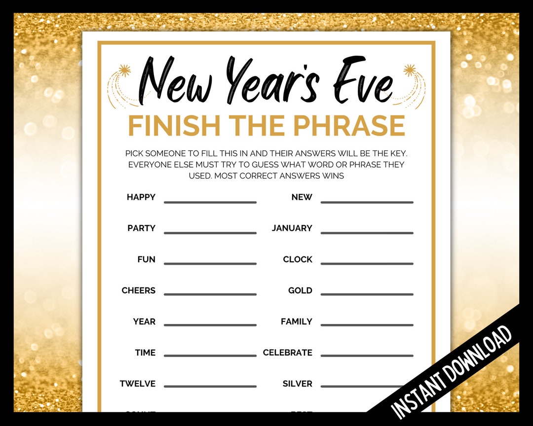 New Year's Eve Finish the Phrase, New Year's Eve Printable Party Game ...