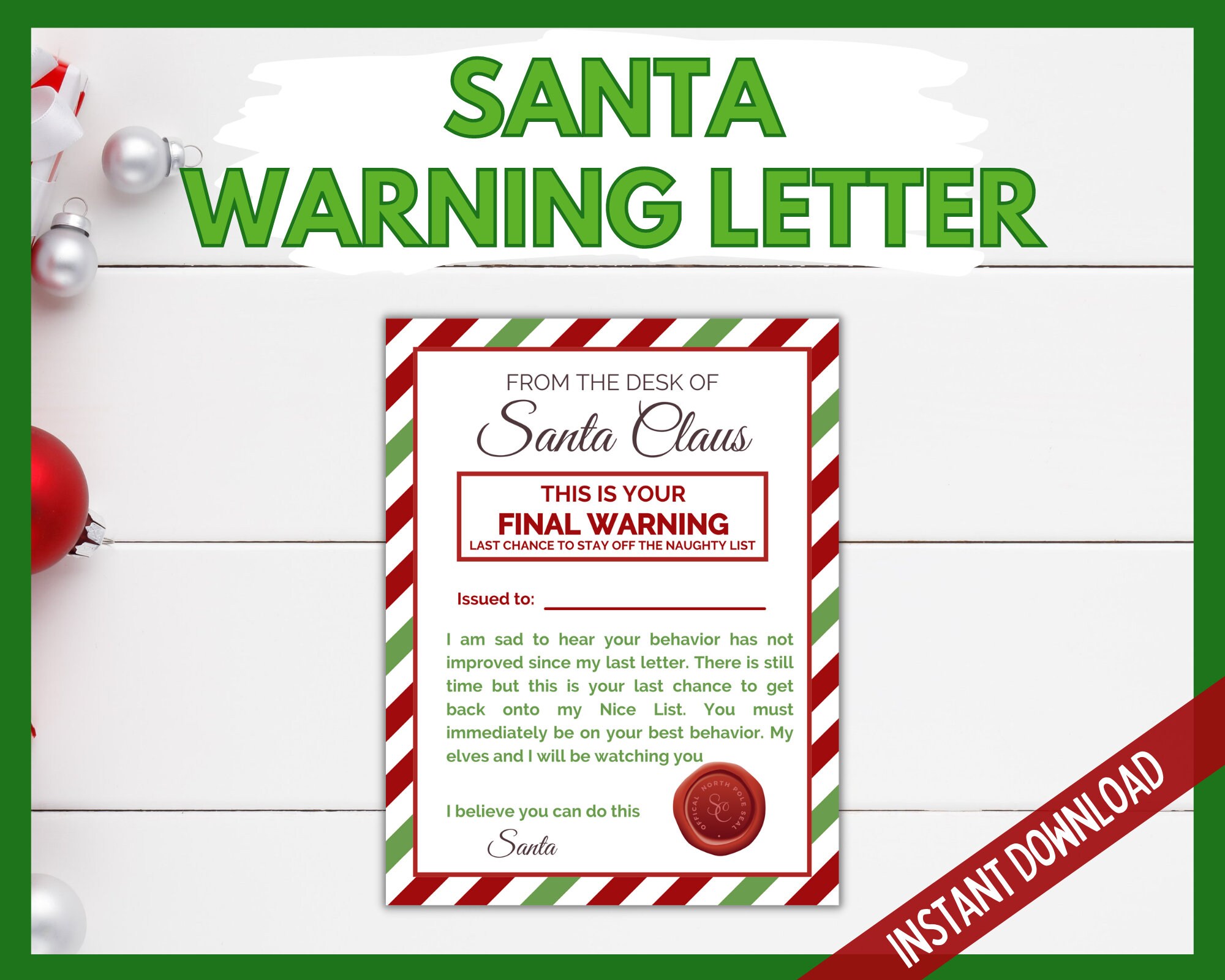 Santa Warning Letter, Bad Behavior Letter, Naughty List Warning, Nice ...