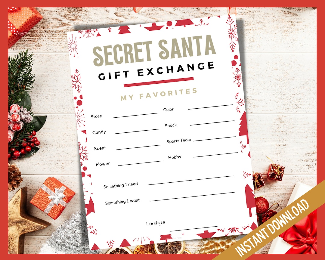 Secret Santa Gift Exchange, Secret Santa Questionnaire, Printable ...