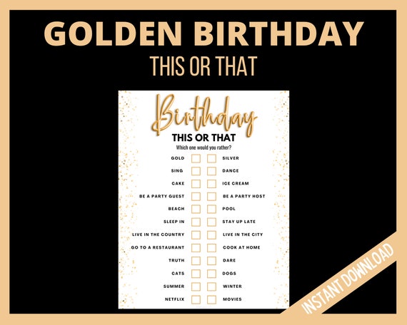 Golden Birthday Party Game, This or That game, Printable Party Game ...