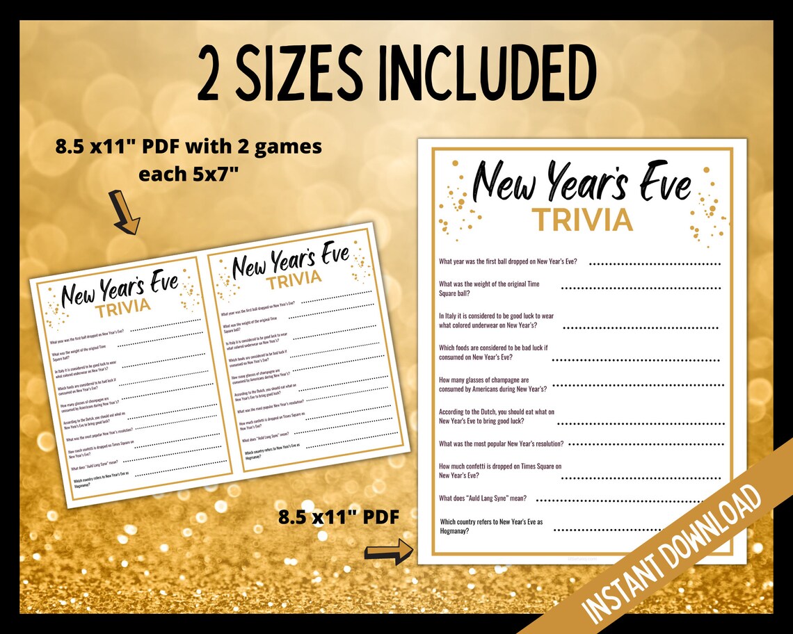 New Years Trivia Game, New Years Eve Trivia, NYE Trivia Party Printable ...
