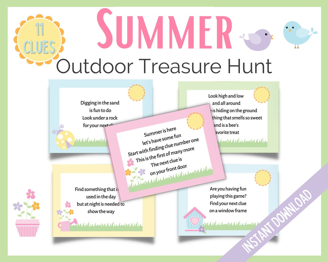 Summer Treasure Hunt Clues, Outdoor Treasure Hunt Clues, Summer ...
