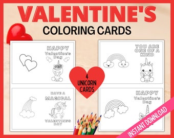 Valentine Coloring Cards, Printable Valentine's Day Cards, Unicorn ...