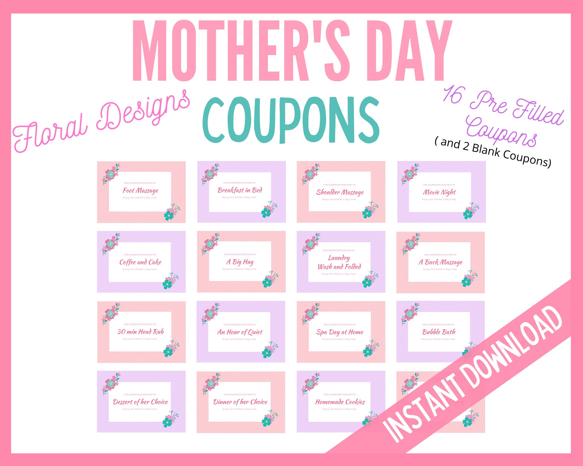 Mother’s Day Coupons, Mother’s Day Gift, Mom Day Coupons, Printable ...