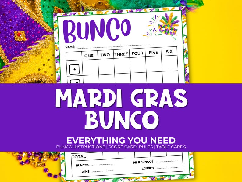 Mardi Gras Bunco Printable Party Pack and Scorecards, Bunco Game Rules ...