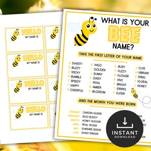 What's Your Bee Name Game, Printable Bee Party Game, Birthday Party Fun ...