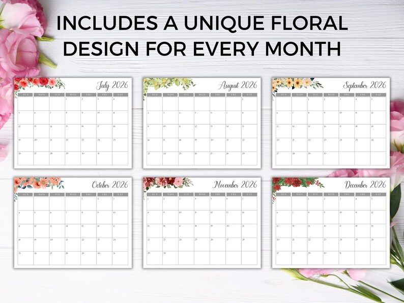 2026 Printable Floral Calendar, Monthly Planner, Flower Monthly Wall ...
